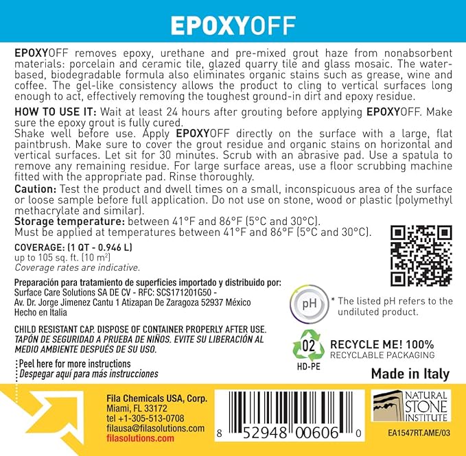 FILA Epoxy Off - Epoxy Grout Haze Remover - 1 Qt (946 mL) = (up to 108 ...